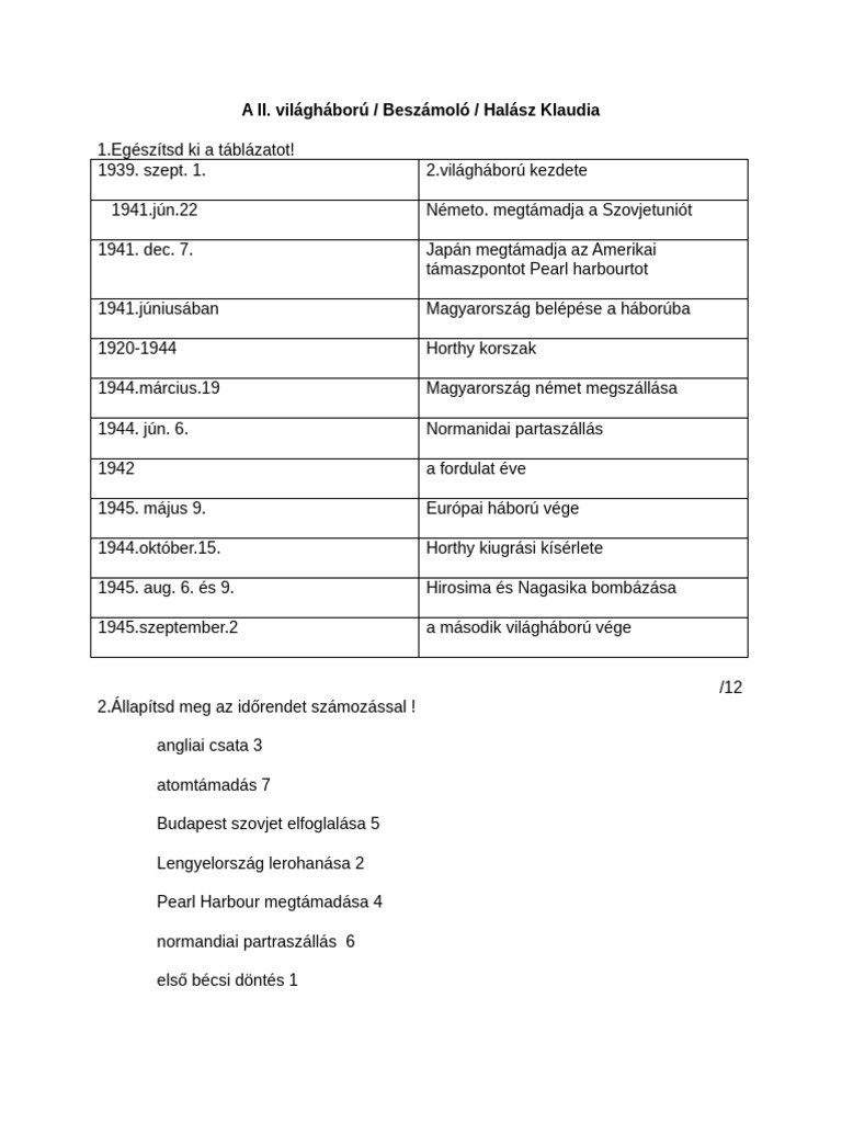 II. Világháború Halász Klaudia | PDF
