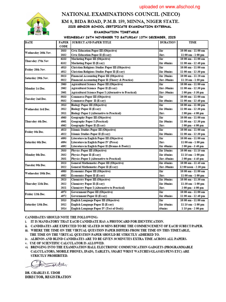 NECO GCE Timetable 2025 Released | PDF