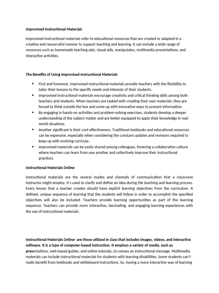 Improvised Instructional Materials Report | PDF | Teachers | Learning