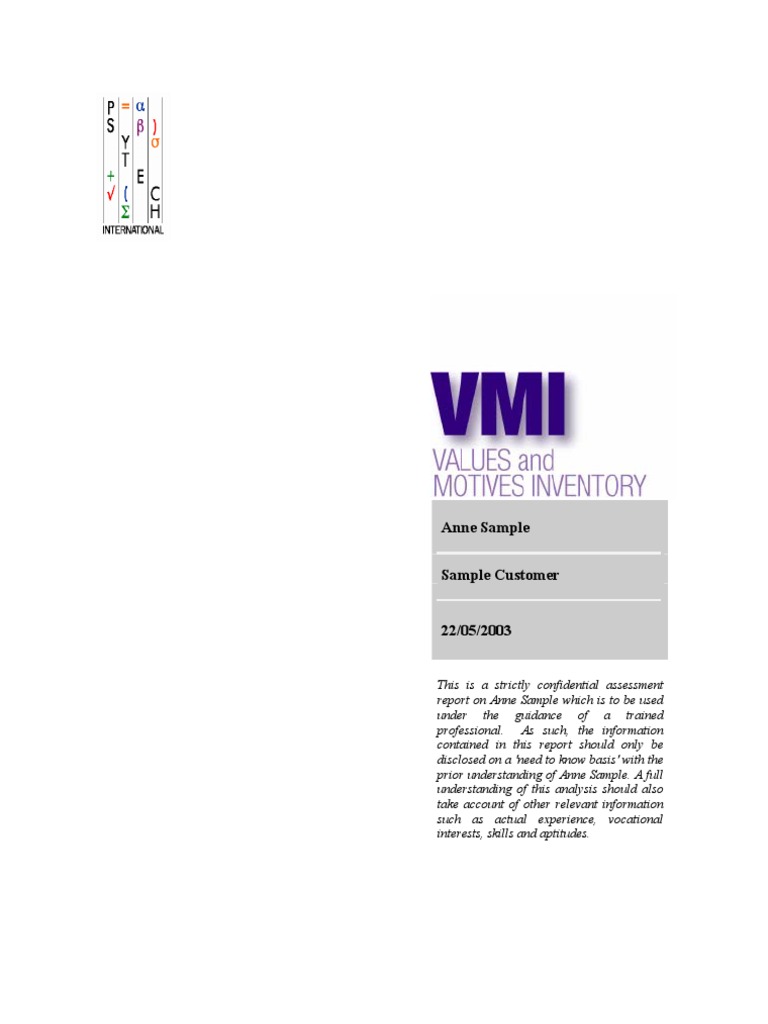 VMI Report: Anne Sample Assessment | PDF | Value (Ethics) | Social ...