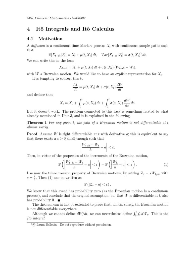Stochastic Calculus Notes 4 5 Pdf Stochastic Process Integral