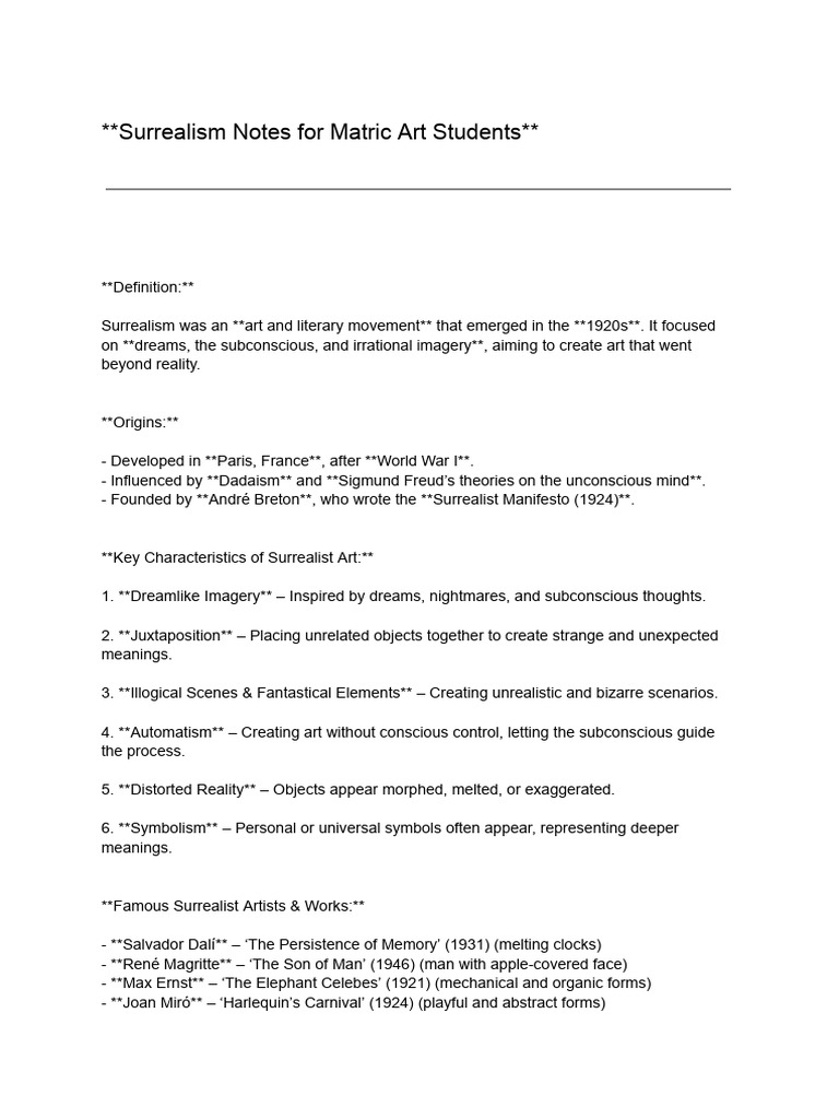 Surrealism Notes For Matric Art Students | PDF