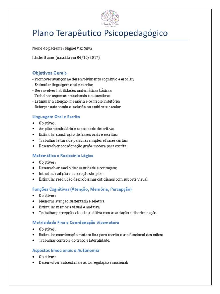 Plano Terapêutico Psicopedagógico para Miguel | PDF