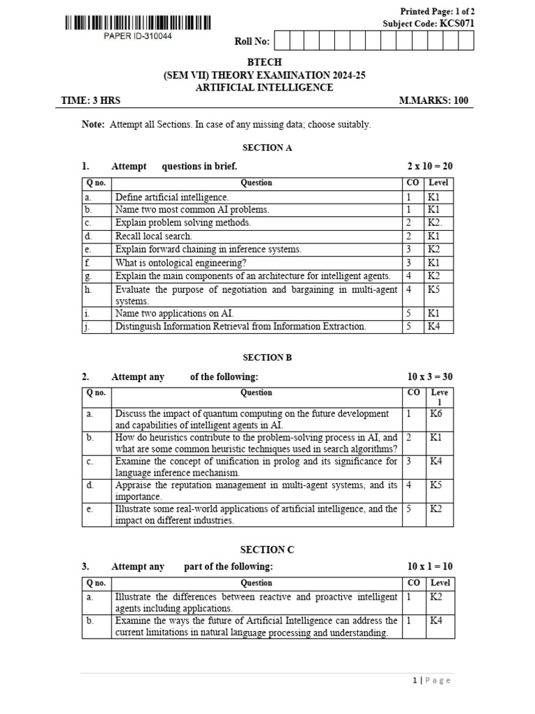 BTech AI Exam Paper 2024-25 | PDF | Artificial Intelligence ...