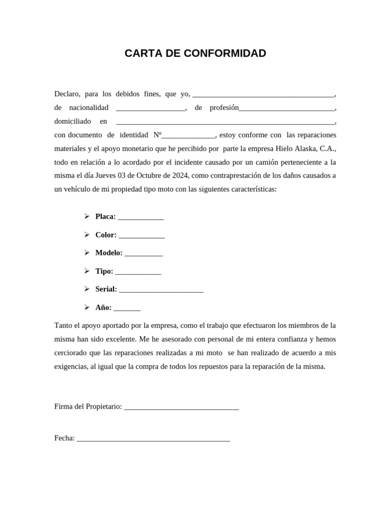 Carta de Conformidad por Reparaciones | PDF