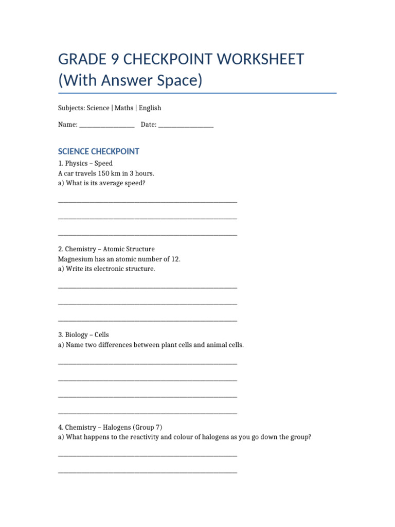 Grade 9 Checkpoint Worksheet Guide | PDF | Area | Chemistry