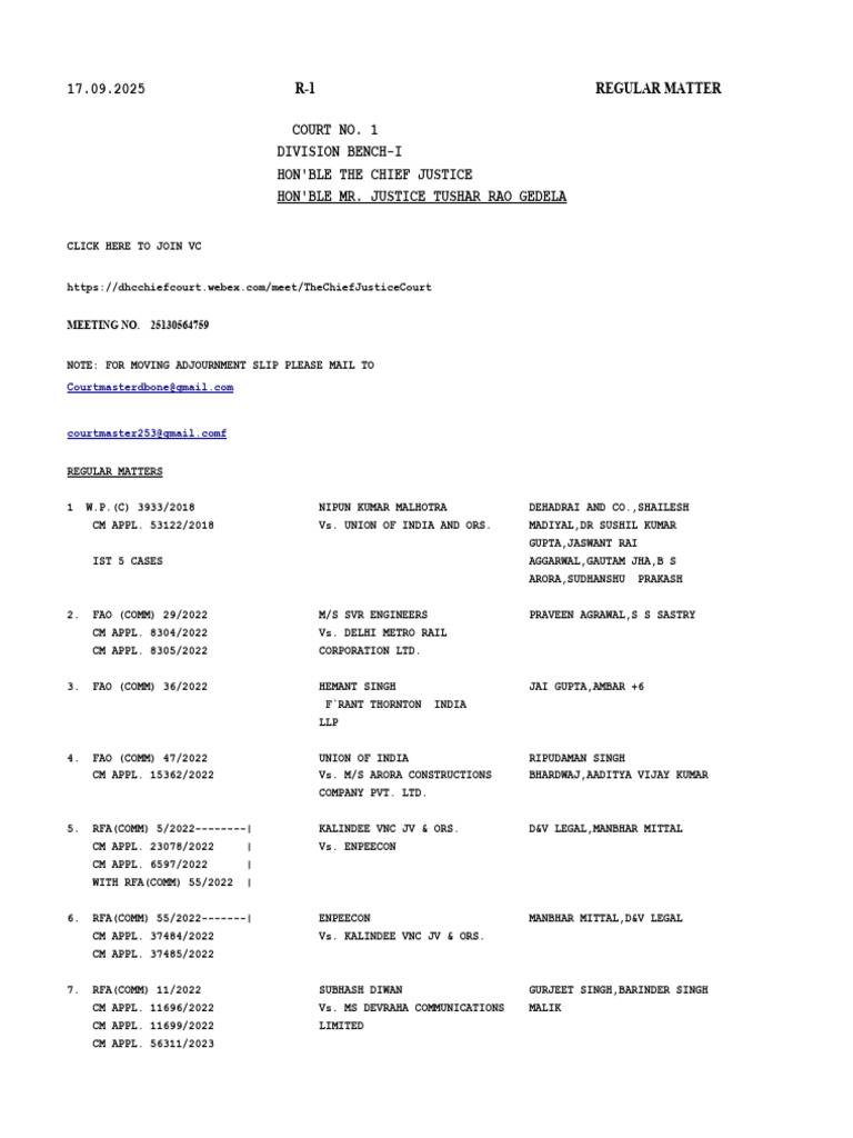 Delhi High Court Regular Matters List | PDF