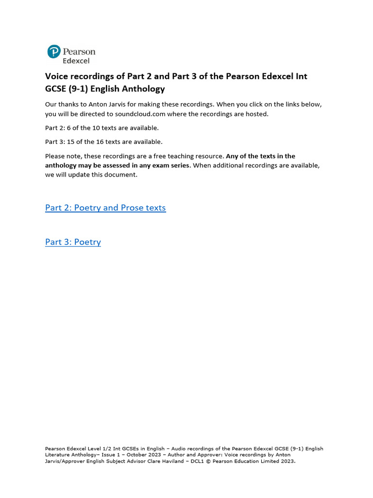 Voice Recordings of Part 2 and Part 3 Texts in The Pearson Edexcel ...