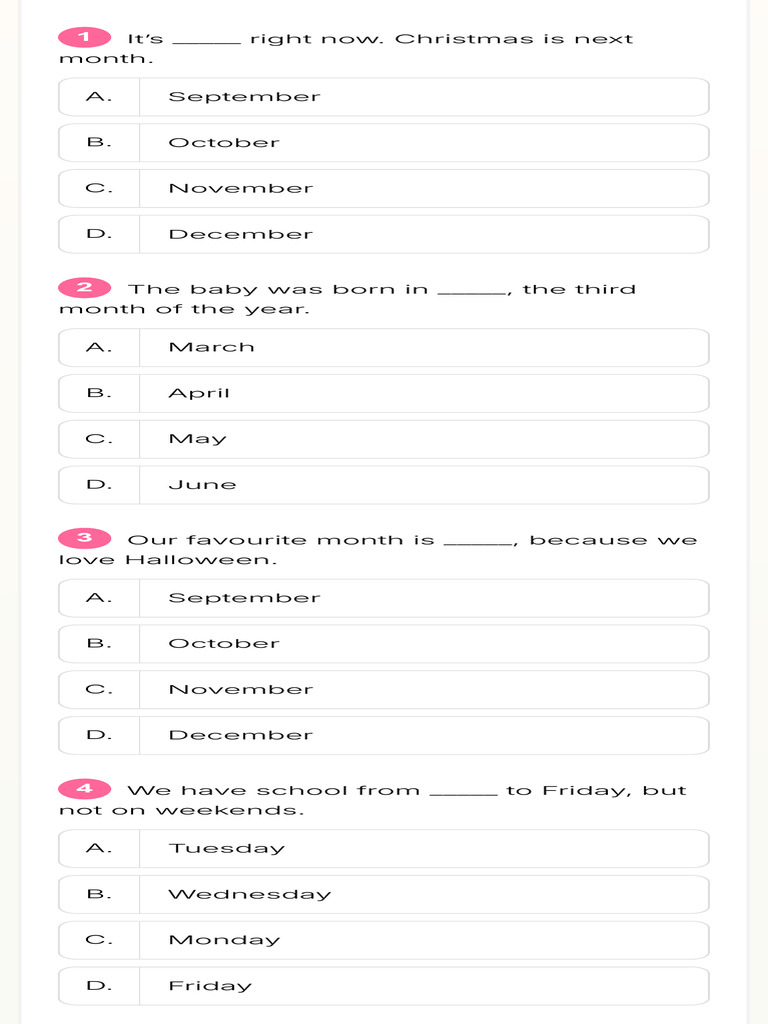 Days, Months and Seasons - A1 English Vocabulary Test English | PDF