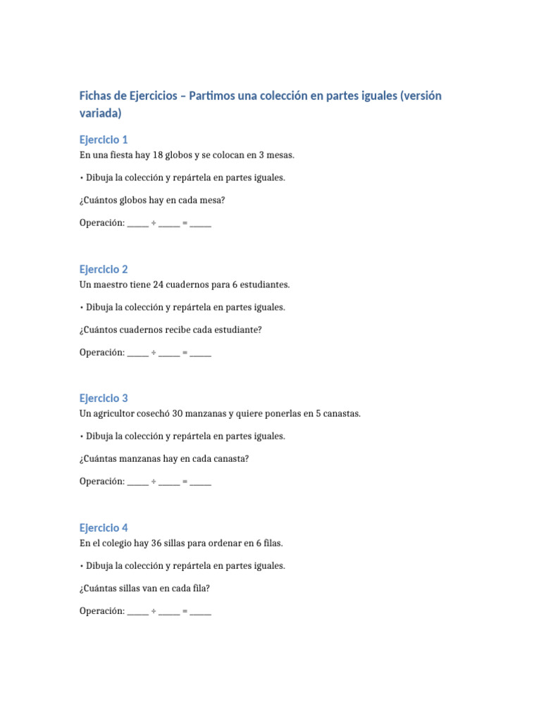 Ejercicios de División en Partes Iguales | PDF