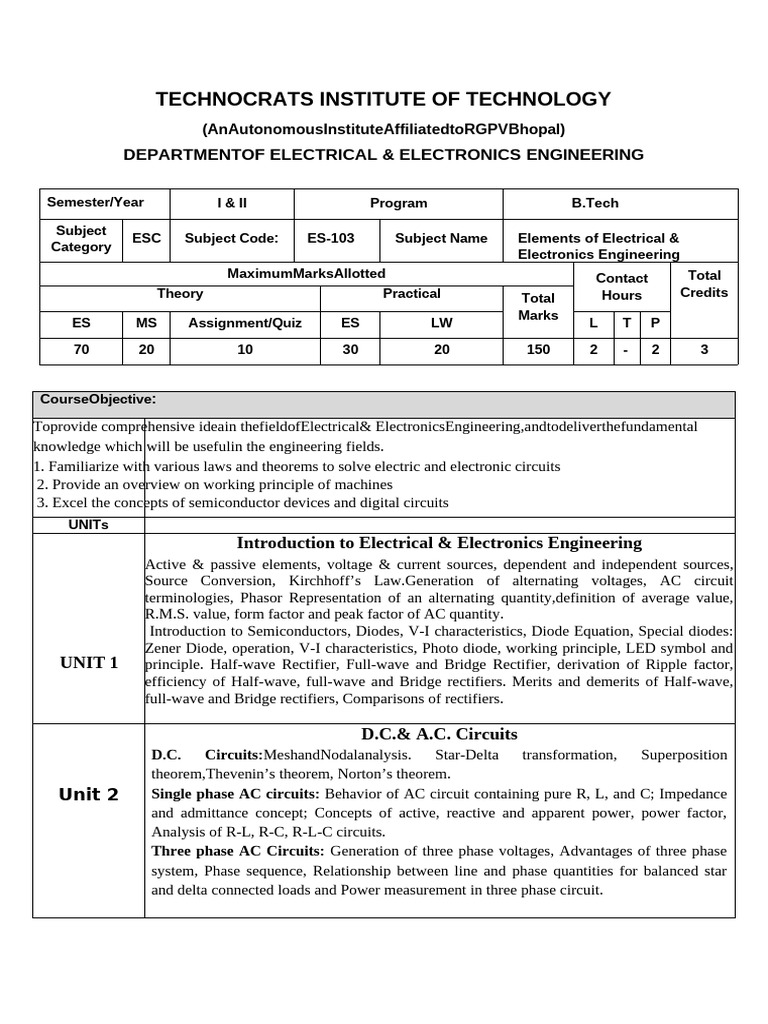 ES - 103 Final Elements of Electrical and Electronics Engg Syllabus | PDF | Rectifier | Bipolar ...