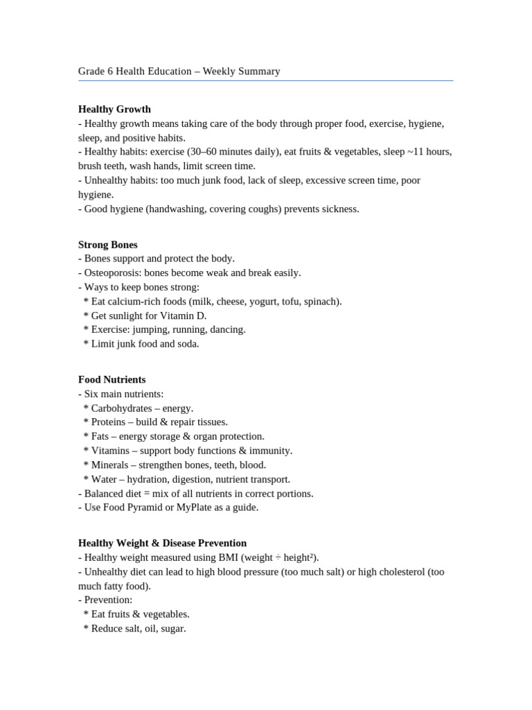 Grade 6 Health Education Summary | PDF