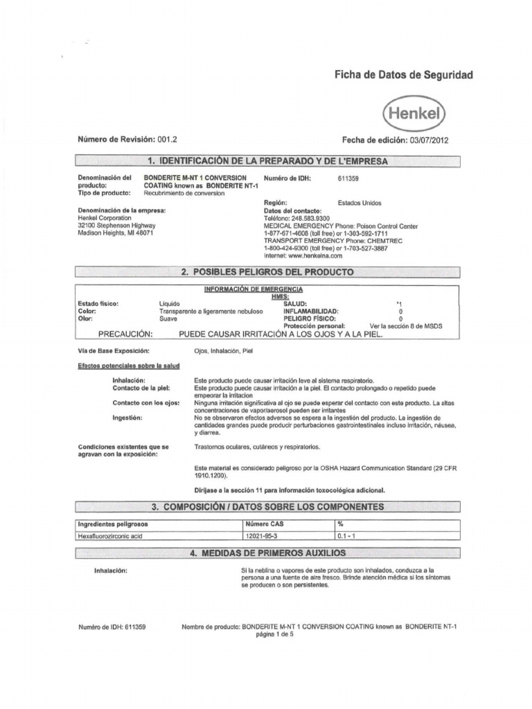 Ficha de Seguridad: Bonderite M-NT 1 | PDF | Agua | Ventilación ...