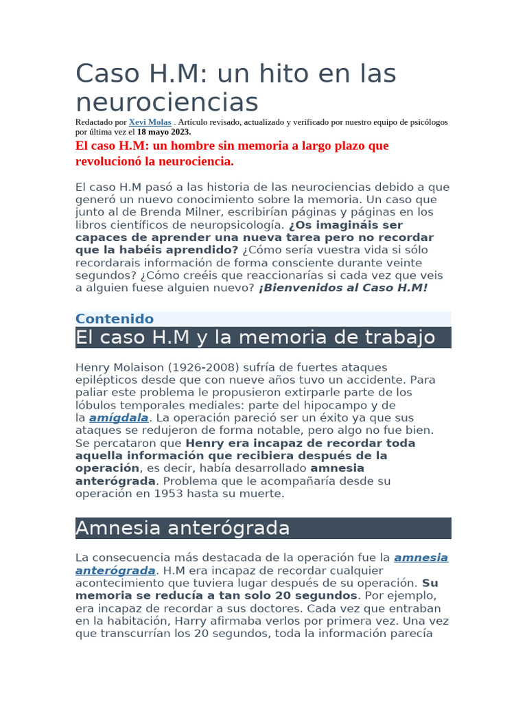 El legado de Henry Molaison en neurociencia | PDF | Amnesia | Memoria
