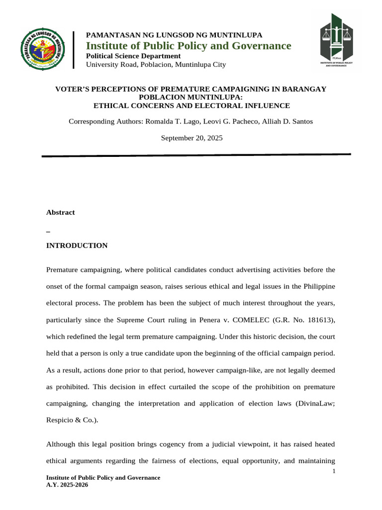 Voter's Perceptions of Premature Campaigning in Barangay Poblacion ...