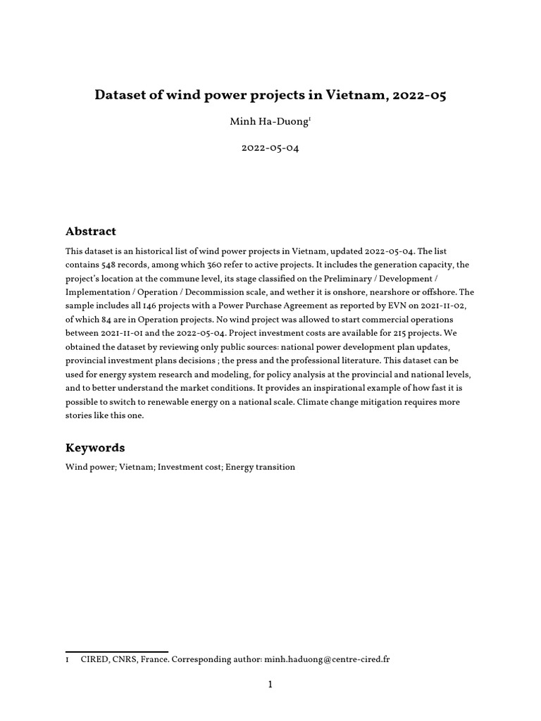 Vietnam Wind Power Projects Dataset 2022 | PDF | Vietnam | Hanoi