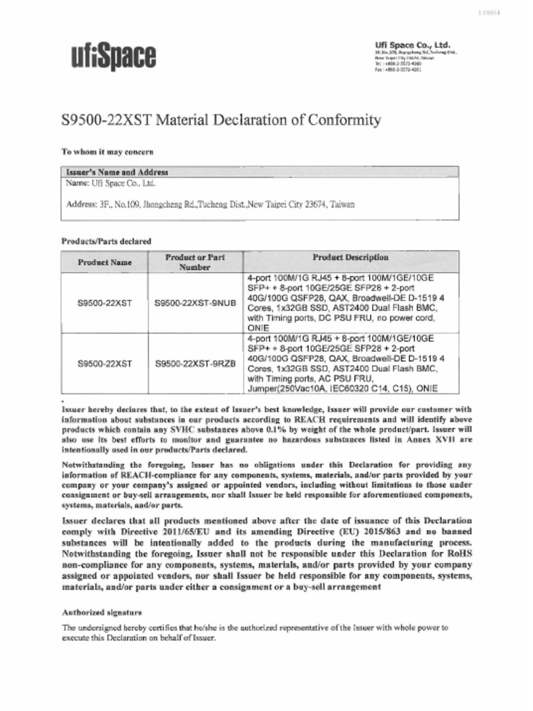 S9500-22XST Material Declaration of Conformity | PDF