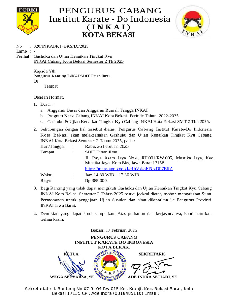 Surat No. 020 Surat Pemberitahuan Gashuku & UKT INKAI Kota Bekasi Smt 2 Tahun 2024 | PDF