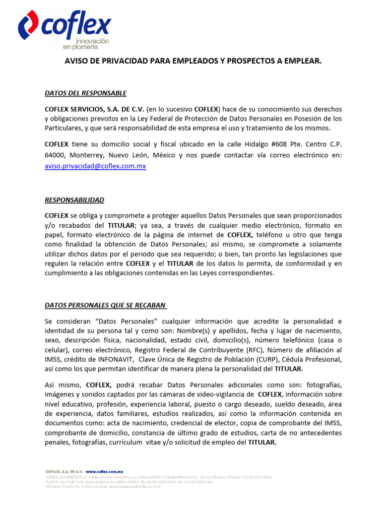 Aviso de Privacidad para Empleados y Prospectos A Emplear | PDF | Cookie HTTP | Privacidad en ...