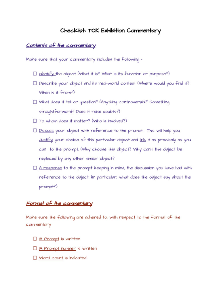 Checklist TOK Exhibition Commentary | PDF