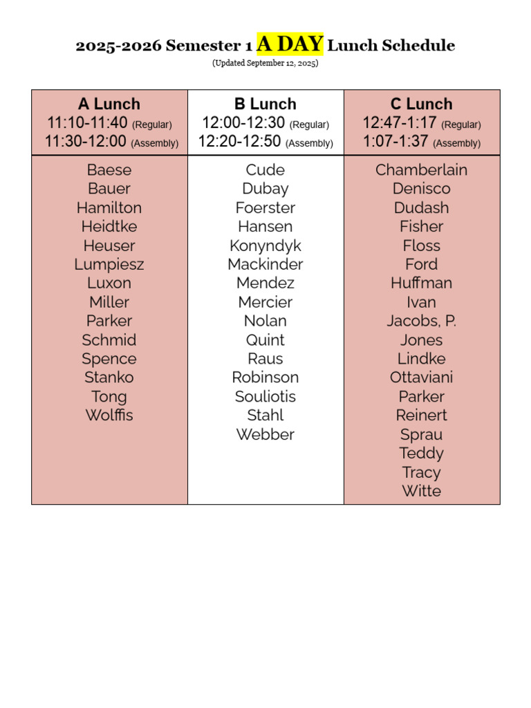 2025-2026 A & B Day Lunch Schedule | PDF