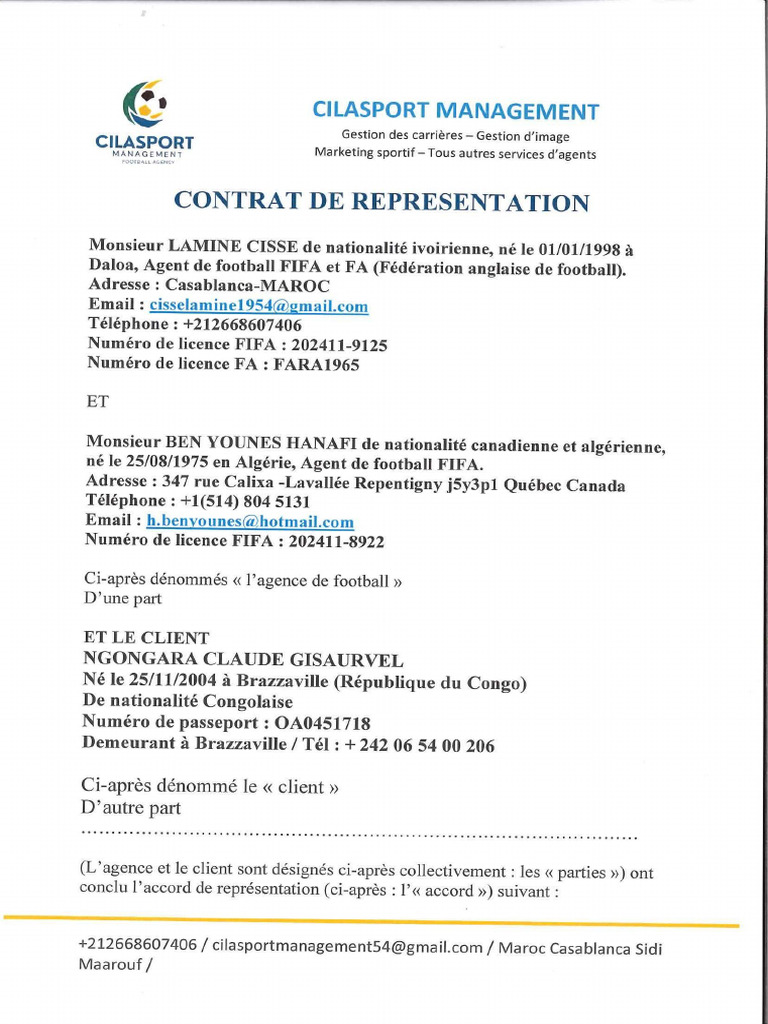 Contrat de Representation Cilasport Claude Girausvel Ngongara Congo | PDF