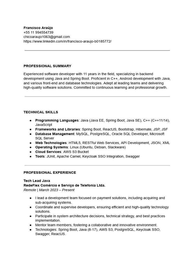 Curriculo Francisco (Ingles) | PDF | Java (Programming Language) | My Sql