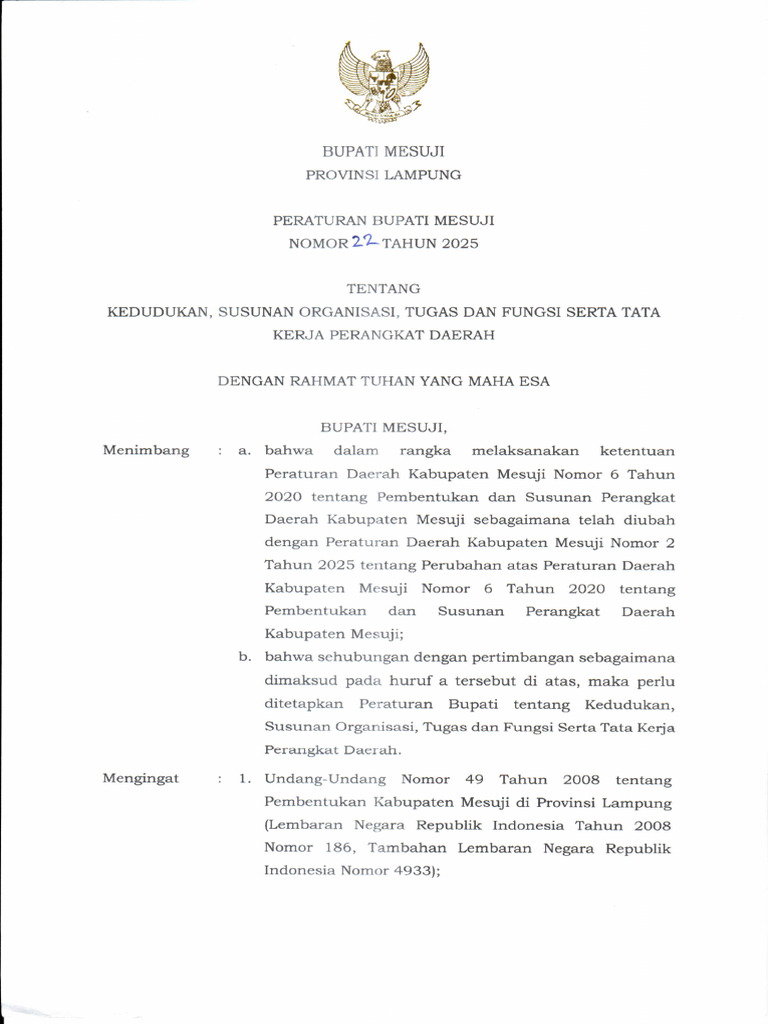 PERBUP 22 Tahun 2025 Tentang Kedudukan, Susunan Organisasi, Tugas Dan Fungsi Serta Tata Kerja ...