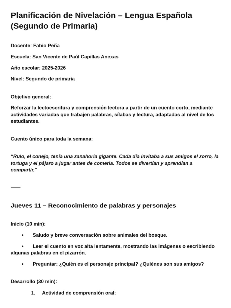 Planificación de Nivelación - Lengua Española (Segundo de Primaria) PDF ...