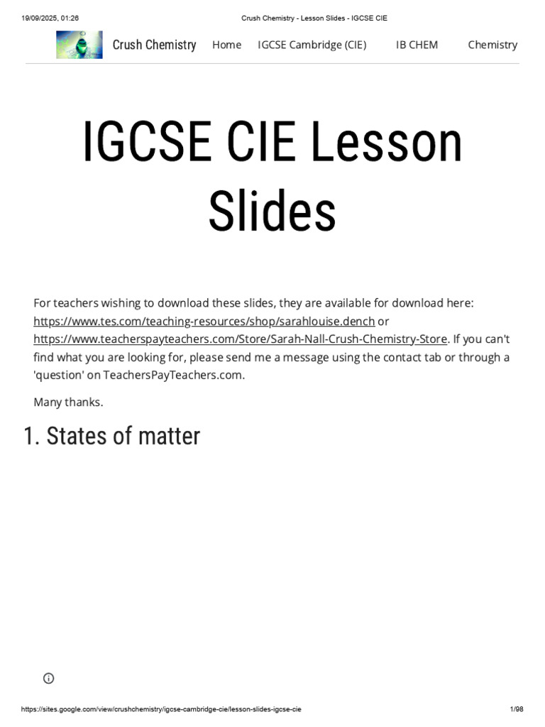 IGCSE Chemistry Lesson Slides | PDF | Chemistry | Chemical Reactions