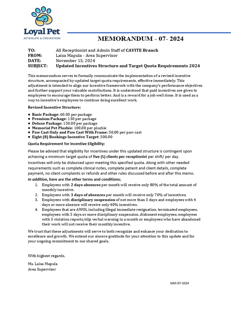 7.MEMORANDUM-07-2024 - Updated Incentives Structure and Target Quota ...