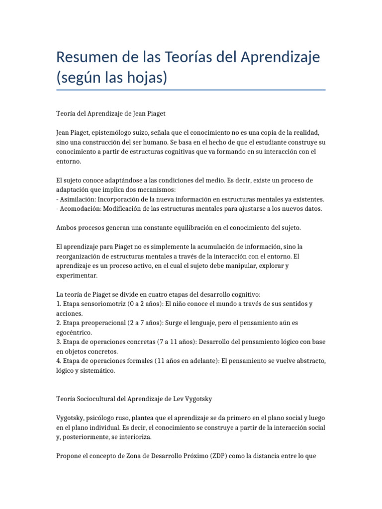 Teorías del Aprendizaje: Piaget, Vygotsky, Ausubel y Bruner | PDF ...