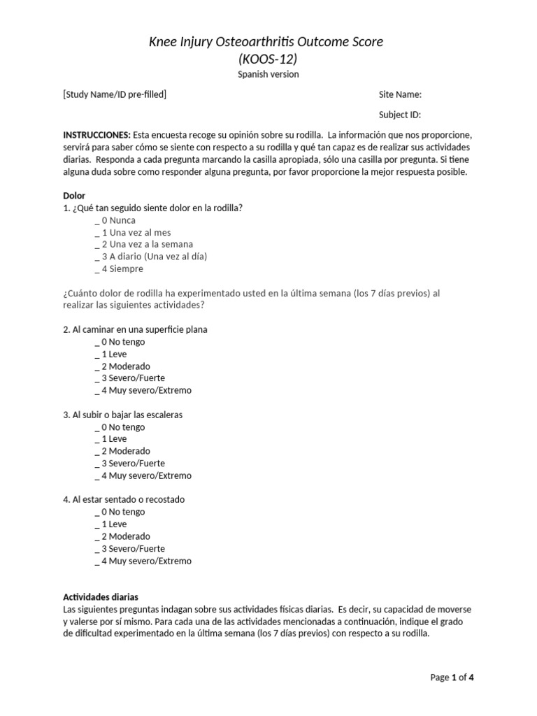 Encuesta KOOS-12 para Lesiones de Rodilla | PDF