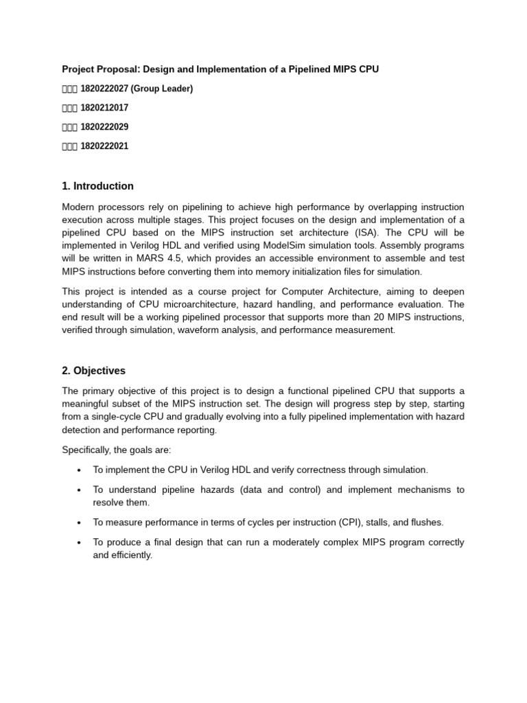 Project Proposal: Design and Implementation of A Pipelined MIPS CPU ...