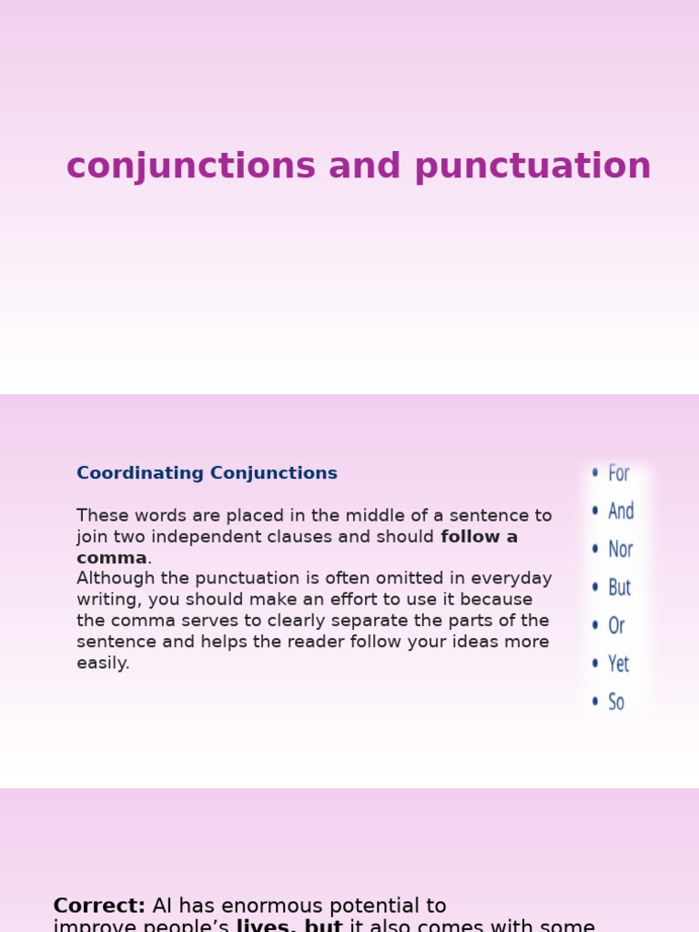 Conjunctions and Punctuation Guide | PDF | Comma | Language Mechanics