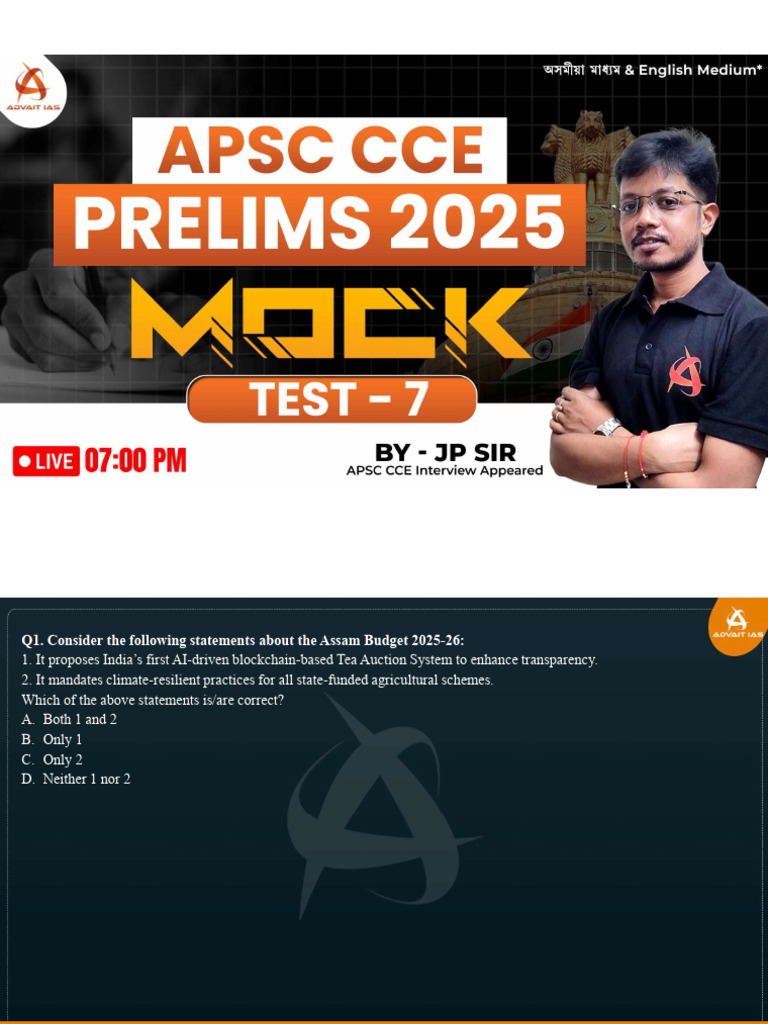 APSC CCE Prelims 2025-Mock Tests-By - JP Sir-Test-7 | PDF | Primary ...