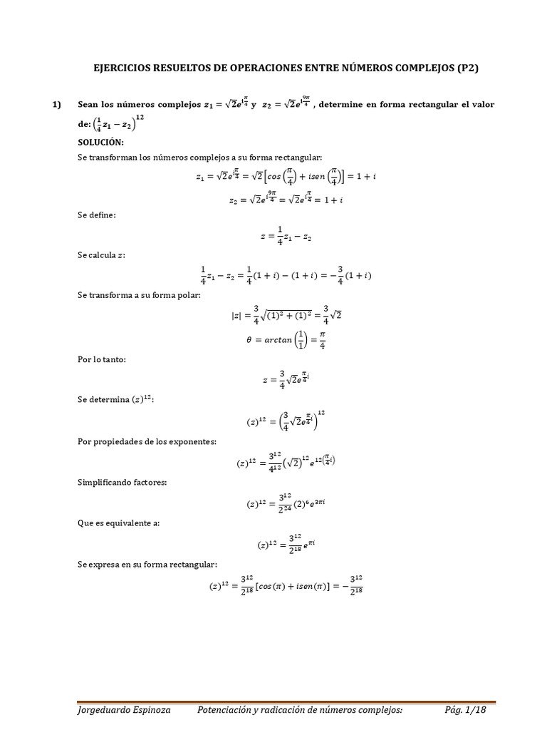 Ejercicios Resueltos 9.2 - Operaciones Con Números Complejos (P2)-1 | PDF | Número complejo ...