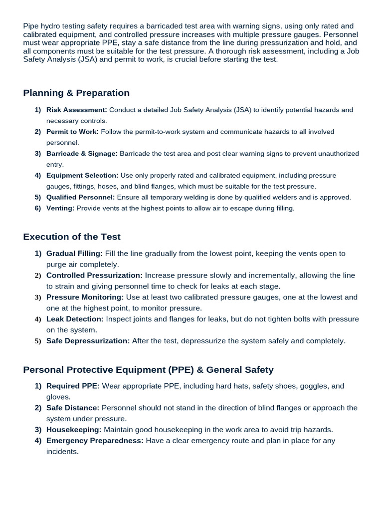 Pipe Hydro Testing Safety Guidelines | PDF
