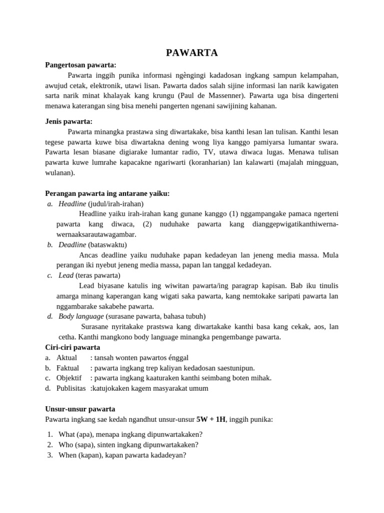 Ciri dan Struktur Pawarta dalam Bahasa Jawa | PDF