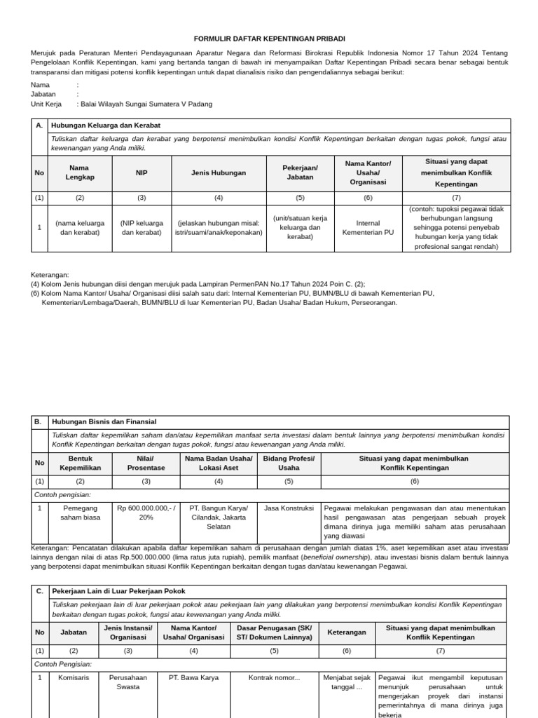 Formulir Daftar Kepentingan Pribadi | PDF
