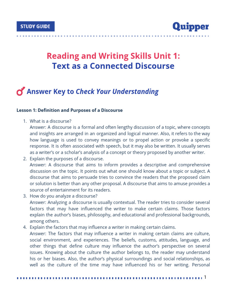 Answer Key - Reading and Writing - Unit 1 - Text As A Connected ...