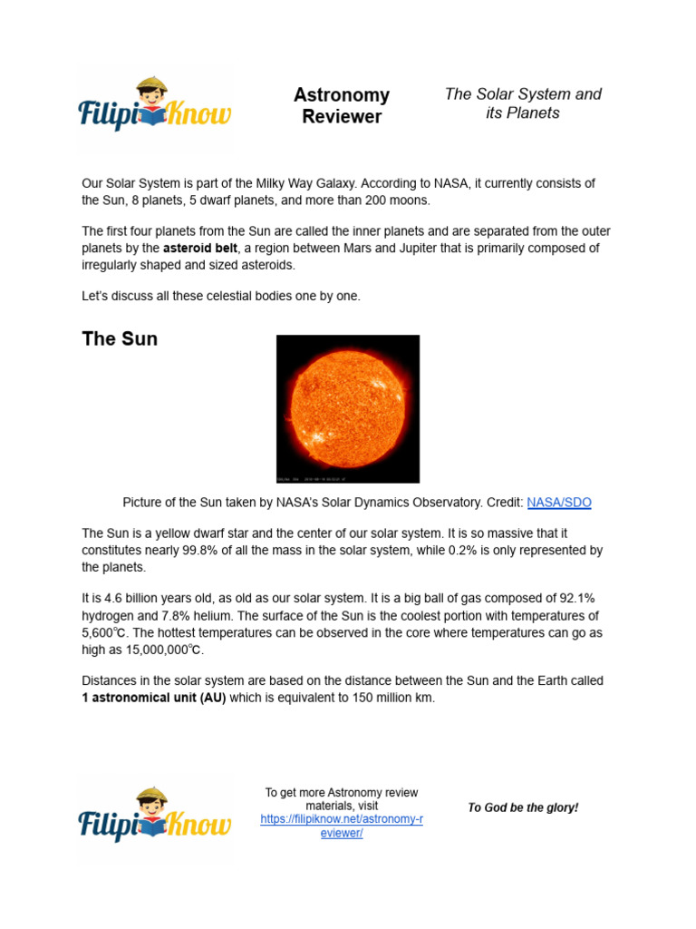 Astronomy Reviewer The Solar System and Its Planets | PDF | Planets ...