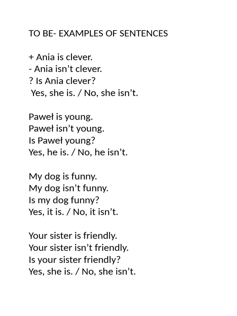 To Be - Examples of Sentences | PDF