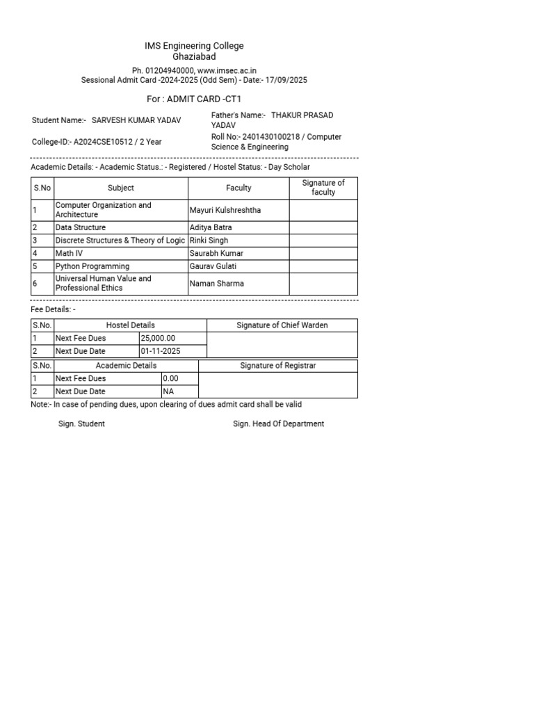 IMS Engineering College Admit Card 2024 | PDF