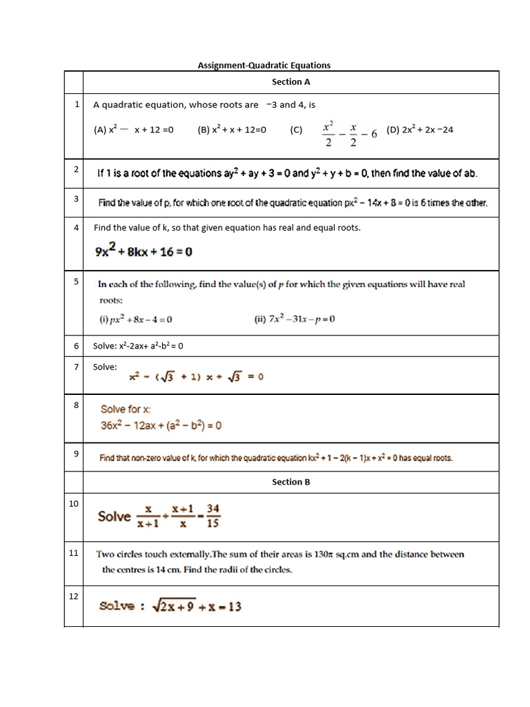 G10 WS Quadratic Equations | PDF