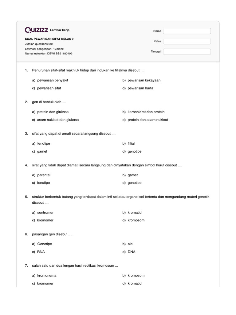 Soal Pewarisan Sifat Kelas 9 Quizizz | PDF