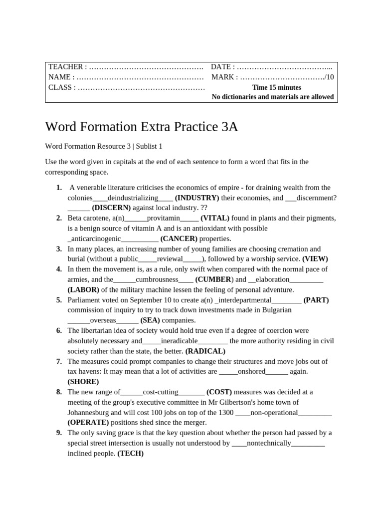 Word Formation Test 3 | PDF