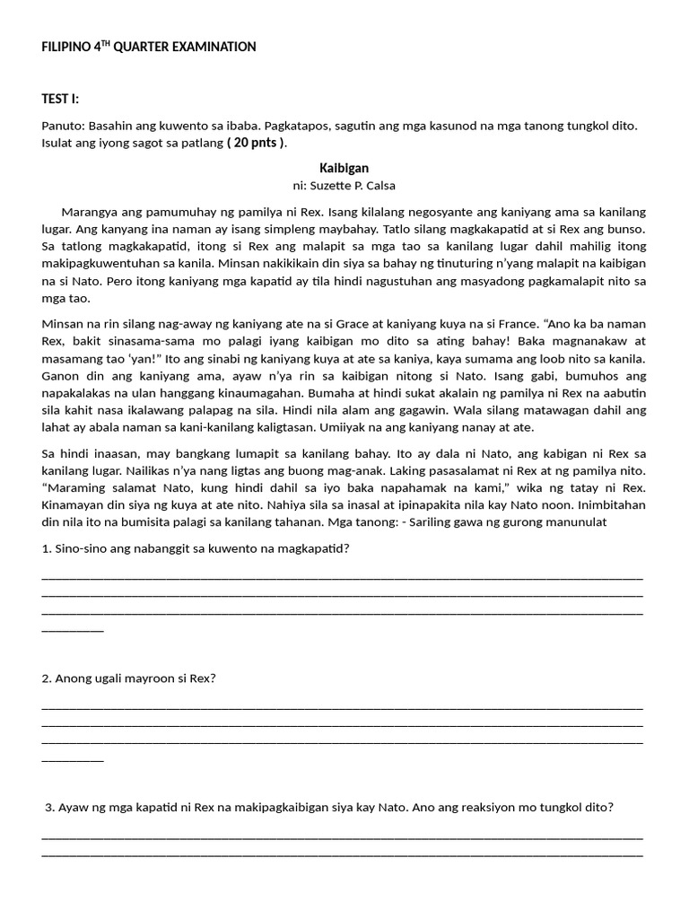 Filipino 4th Quarter Examination | PDF