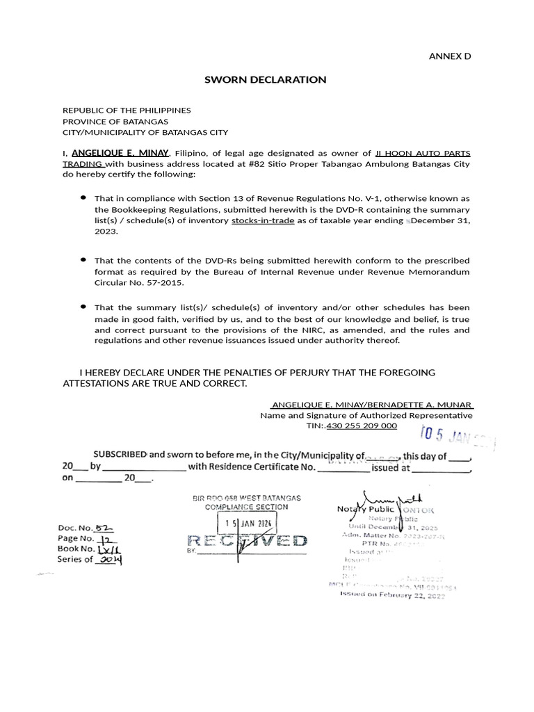 Sworn Declaration: Annex D | PDF