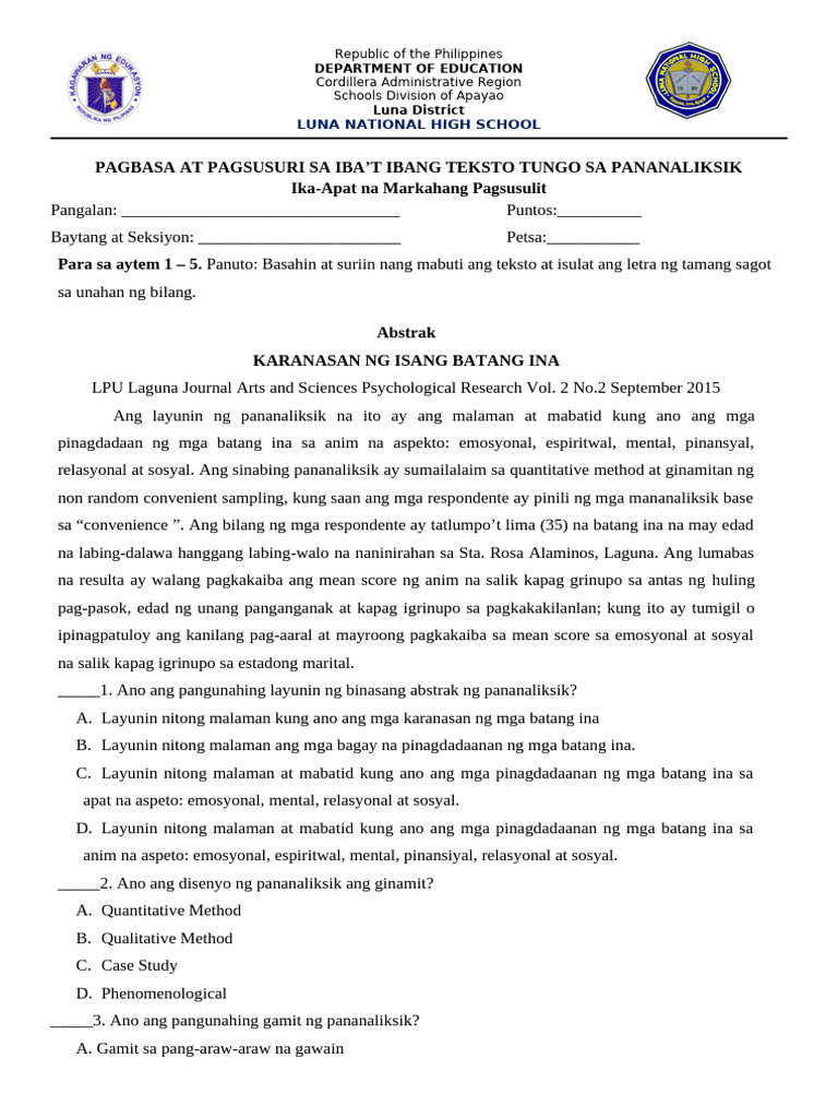 Quarter 4 Exam-Pagbasa - To Print | PDF